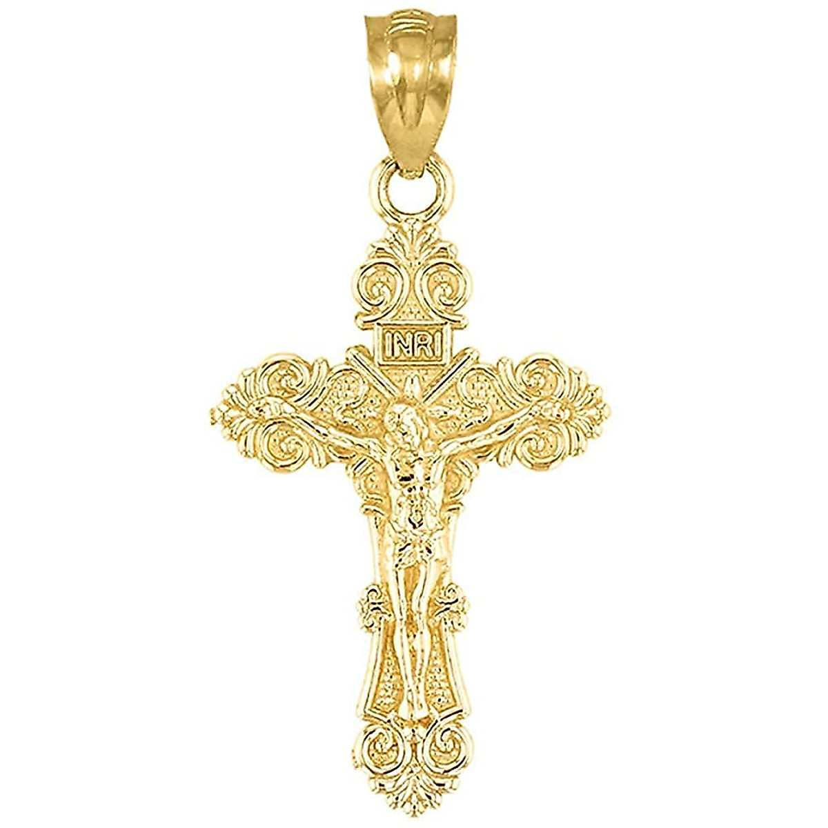 Religious Jewelry 10KT Yellow Gold 1" Floral INRI Crucifix Pendant Charm