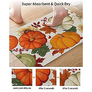 Bath Mat for Bathroom Non Slip Thanksgiving Pumpkin Sunflower Maple Leaves Autumn Diatomaceous Earth Bath Mats Highly Absorbent Door Mat Diatom Mud Washable Bathroom Mat for Tub Shower 18x30 Inch