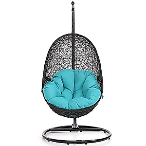 Zuri Furniture Modern Reef Black Basket Swing Chair Teal Cushion with Stand