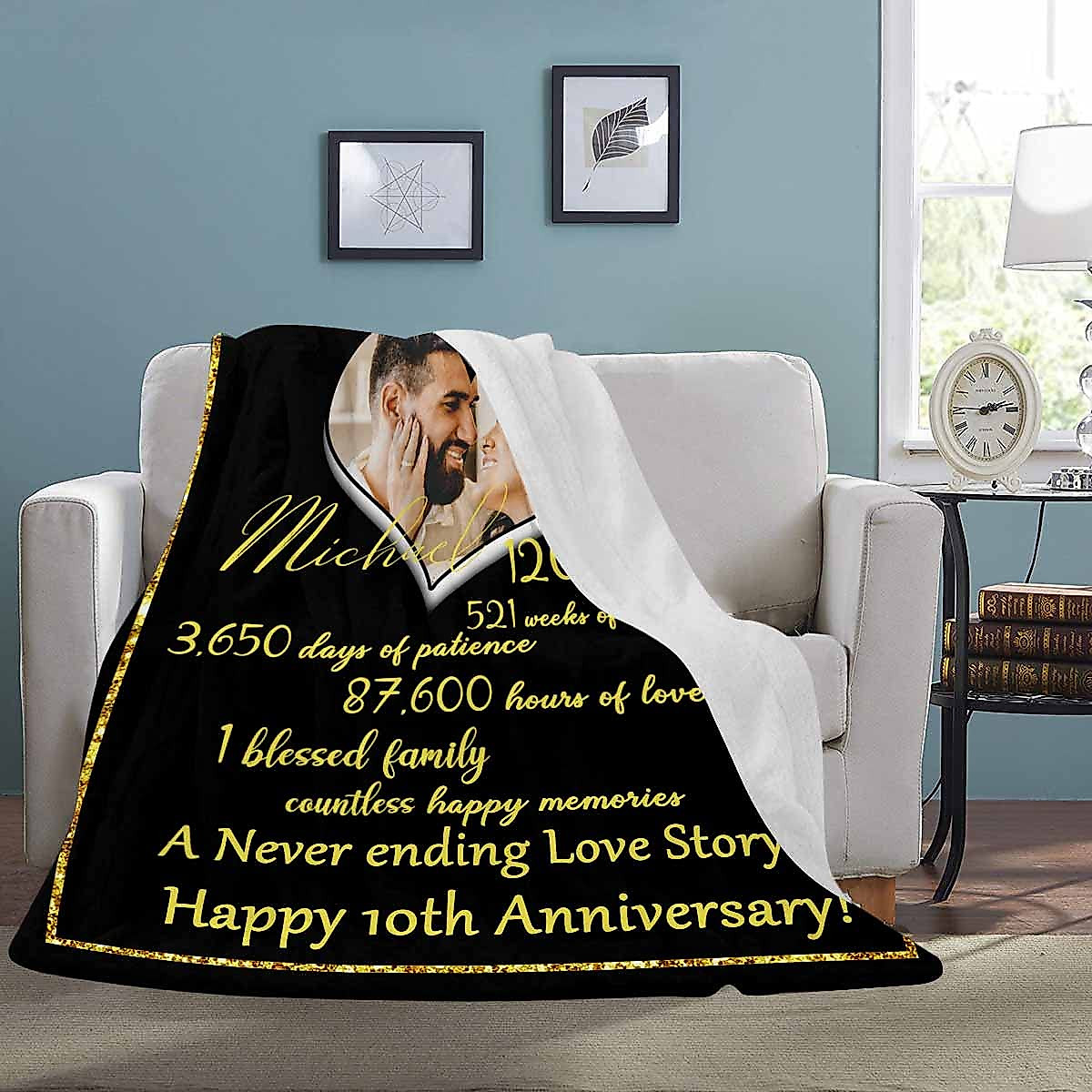 Personalized Anniversary Throw Blanket, 10 Year Anniversary Wedding Gifts for Couple Parents, Customized Soft Warm Lightweight Flannel Fleece Blanket, Couples Blanket Full Size for Valentine Birthday