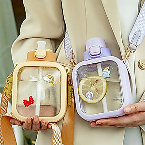 Kawaii Water Bottle for Girls Cute Water Bottles with Straw, Portable Leak Proof Square Kawaii Water Bottle with Stickers and Adjustable Strap - for Outdoor Sports Travel, BPA-Free, 24oz (Purple)