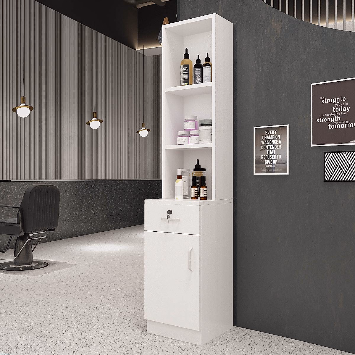 Paddie Wall Mount Barber Station Hair Stylist Salon Equipment Set Beauty Spa Furniture with Shelves/Lockable Drawers/Storage Cabinet (White2)