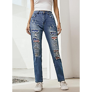 EVALESS Ripped Jeans for Women Plus Size Boyfriend Distressed Patchwork Print Democracy Mom Jeans 2025 Fashion Wide Leg Losse Baggy American Eagle Denim Pants with Hole Blue XX-Large