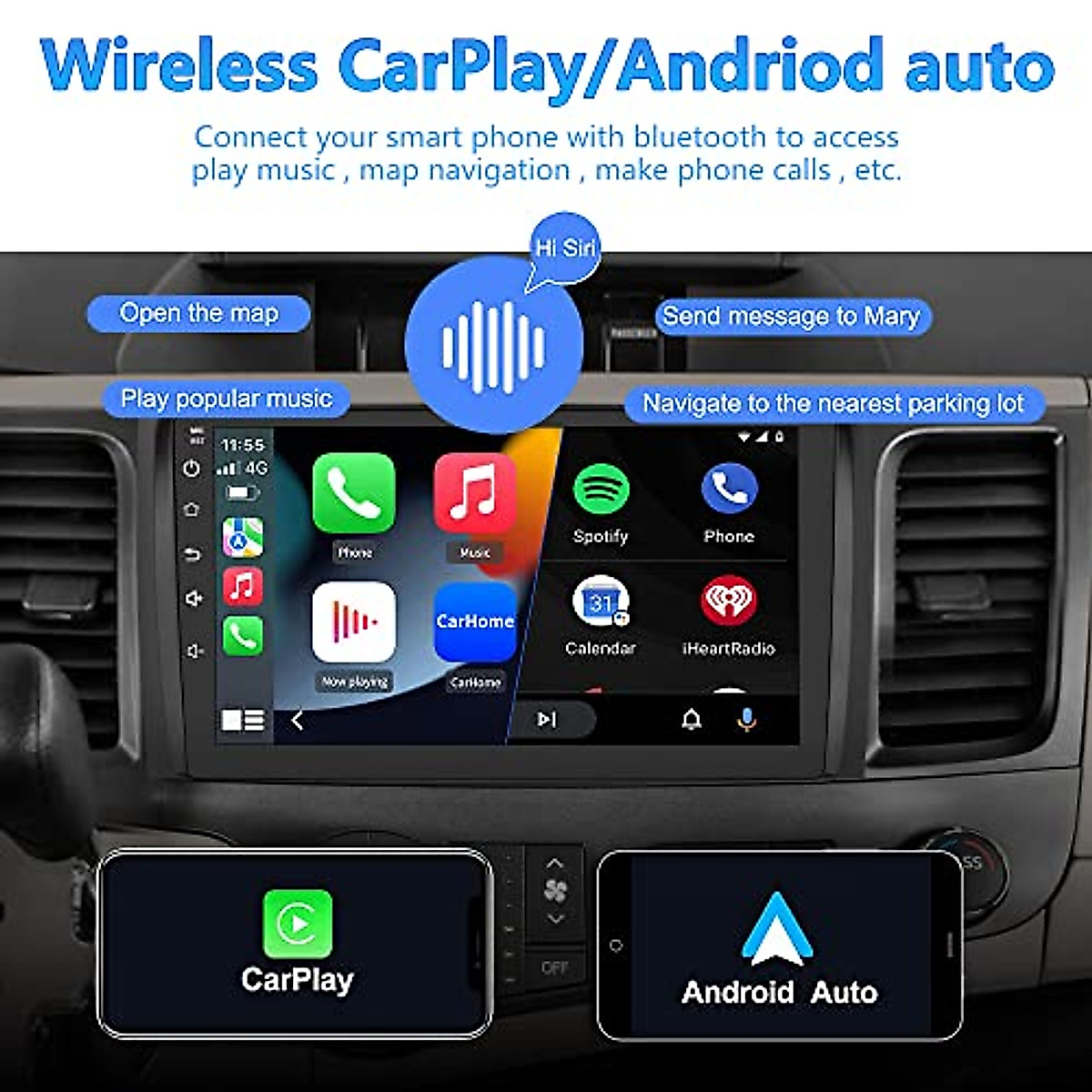 Android 12 Car Radio Stereo for Toyota Sienna 2011-2014 Wireless Apple CarPlay Andriod Auto 2G+32G with SWC WiFi GPS Navigation DSP Bluetooth FM