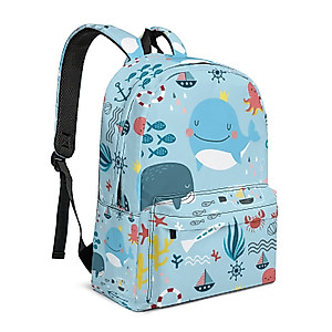 Big Kids School Backpack with Cute Whale Patterned, Classic Lightweight School Bookbags Durable Casual Daypack 17 IN for Middle High School College Students with 15-Inch Laptop Compartment