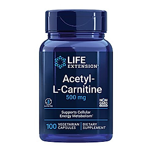Life Extension Acetyl-L-Carnitine, Acetyl-L-Carnitine, vitamin C, Brain, mood & nerve health, cellular energy, 3-month supply, Gluten-Free, Non-GMO, Vegetarian, 100 Capsules