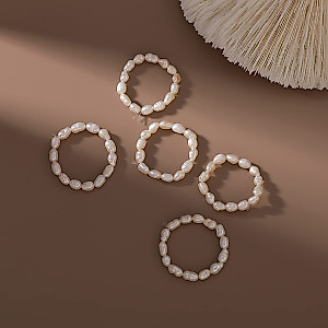 ERLOSYA Vintage Boho Cultured Pearl Adjustable Beaded Wrap Ring,Trendy Elastic Freshwater Pearl Rings for Women,Fashion Heart Shell Stacking Rings for Teen Girls (bead)