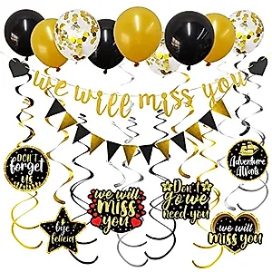 We Will Miss You Party Supplies Decorations - Gold We Will Miss You Banner, Triangle Flag Banner, Hanging Swirls, Balloons for Going Away Graduation Retirement Office Leaving Farewell Goodbye Party Decorations