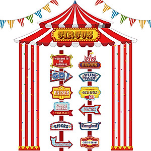 Tlswshsy 17PCS Circus Tent Decorations Set, Carnival Circus Door Banner with Awning and Directional Signs, Red and White Carnival Welcome Supplies for Circus Theme Party Birthday Home Decor