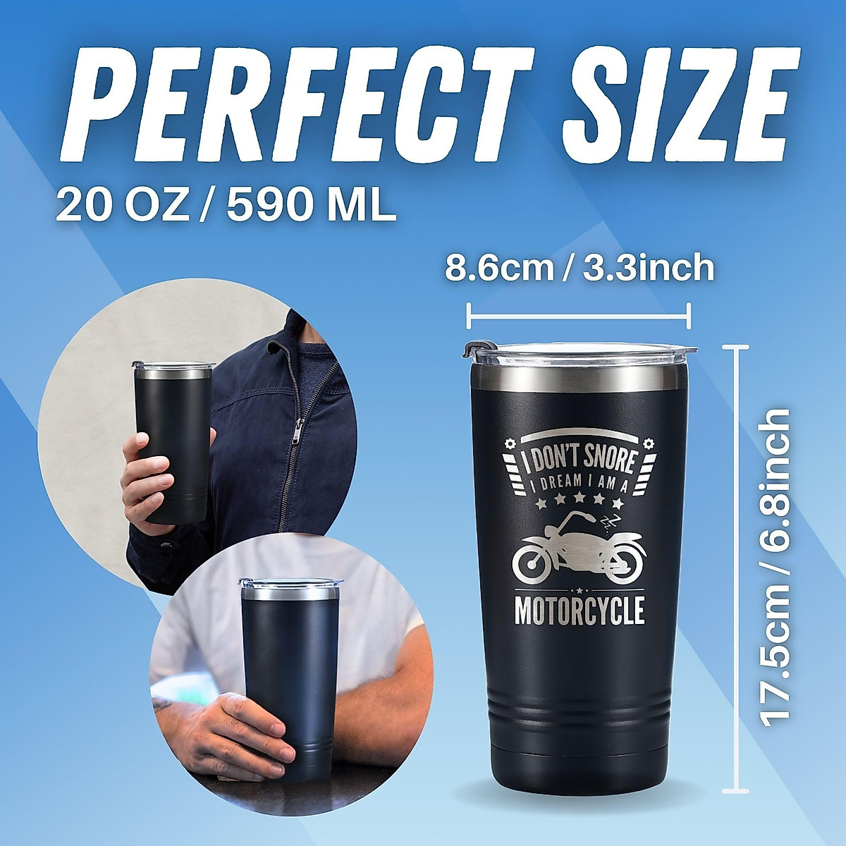 Onebttl Motorcycle Gifts for Men, I Don't Snore I Dream I'm a Motorcycle, Tumbler Travel Coffee Mug, Dad Grandpa Biker Rider, Stainless Steel 20oz/590ml - Design B
