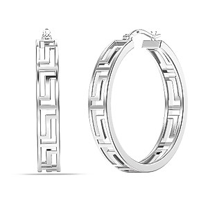 LeCalla 925 Sterling Silver Greek Key Pattern Hoop Earrings | Medium Lightweight Greek Wall Cut-Out Hoop Earrings for Women - 30MM
