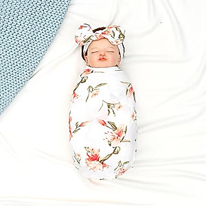 insular Swaddle Blankets Beanie Hat Headband Sets, Newborn Baby Girl Swaddle Sack, Receiving Blankets Infant Baby Gifts, Photo Props Photography(White Lily)