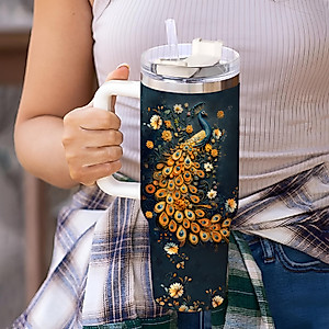 Hyturtle Personalized Peacock Tumbler - Floral Peacock Gifts For Women - Animal Present For Peafowls Lover Her - Mothers Day Present For Mom - Custom Name Travel Coffee Cup 40 oz With Lid And Straw