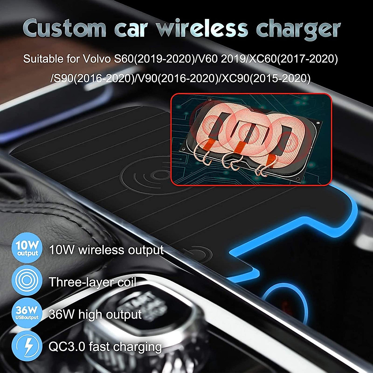 inBEKEA 2021 Upgraded Car Wireless Charger for Volv-O XC90 XC60 S90 V90 V60 S60 with USB Ports QI Smart Phone Charging Pad 10W QC3.0 Fast Charging for All QI Smartphones