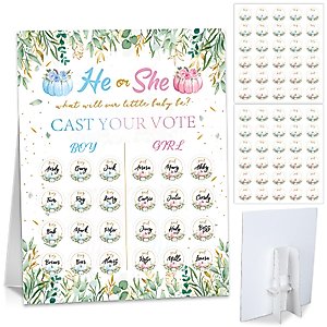 Whaline Fall Pumpkin Gender Reveal Board with Stand What Will Our Little Baby Be Eucalyptus Leaf Gender Reveal Game with Voting Stickers for Autumn Baby Shower Supplies