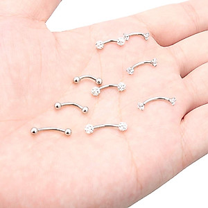 Dyknasz Eyebrow Barbell 16G Surgical Steel Rings with Clear Diamond CZ Curved Barballs Body Piercing Jewelry for Women Men 6mm 8mm 10mm Cartilage Tragus Belly Ring 9 Pieces Silver-Tone