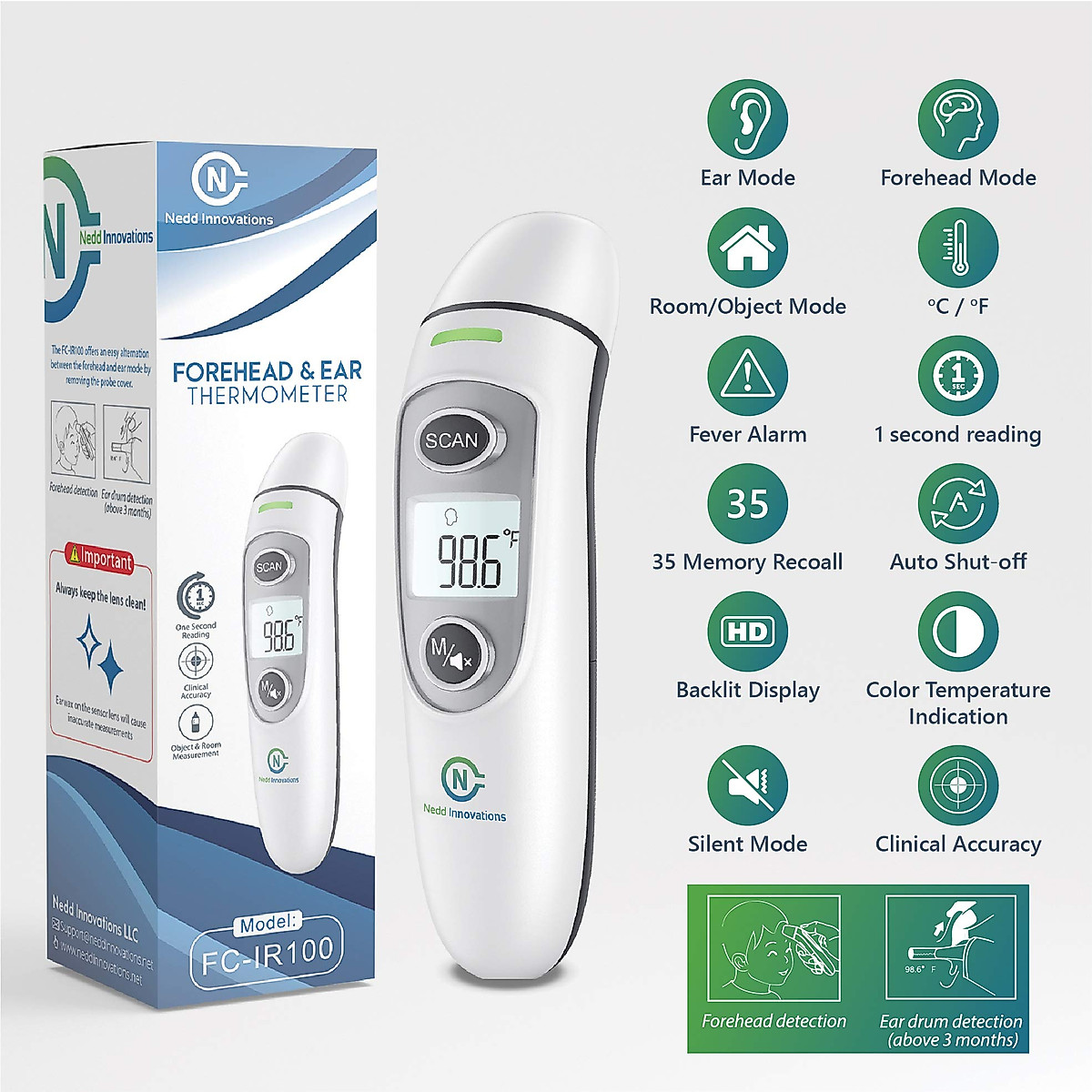 Infrared Thermometer for Adults | Forehead and Ear Infrared Thermometer | NEDD Innovations Digital Temporal Fever Forehead Thermometer for Adults, Baby, Kids, Indoor and Outdoor USA Based Company
