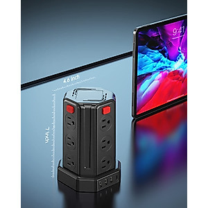 Power Strip Surge Protector, 10 Ft Extension Cord with 12 AC Multiple Outlets 4 USB (1 USB C), SMALLRT Power Tower Desktop Charging Station, Home Dorm Room Office Essentials, Desk Accessories Black