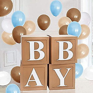 Teddy Bear Baby Shower Boxes Decorations, 4pcs Brown Baby Shower Blocks with Letters, Stereoscopic Babyshower Balloon Boxes for Woodland Baby Shower Decor Boys Girls Gender Reveal Backdrop