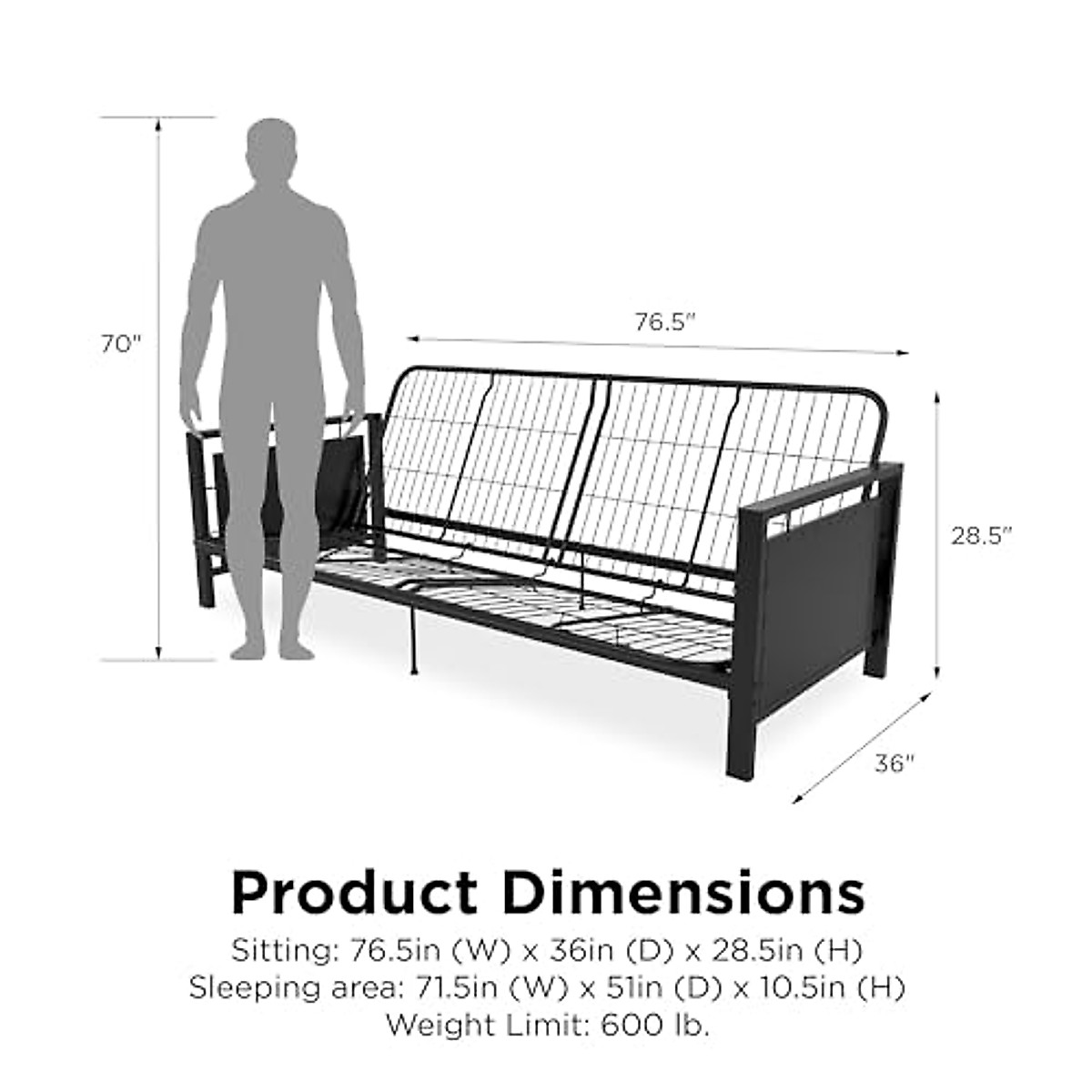 DHP Henley Metal Arm Futon Frame, Industrial Loft Design, Converts to Sleeper, Black Sturdy Metal