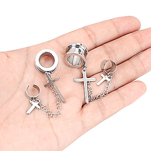 YOFANST Stainless Steel Dangle Cross Ear Tunnels Chain Huggie Hoop Earrings Gauges 00G, Silver