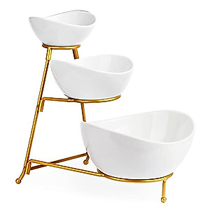 LAUCHUH 3 Tier Serving Stand Chip and Dip Serving Set Pocerlain Oval Bowl Set with Stand White Serving Bowl for Entertaining Tiered Tray Decor for Countertop
