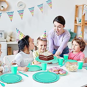 TWOWYHI 228PCS Teal Blue Party Supplies Set Include Paper Plates Cups Teal Blue Napkins Plastic Spoons Forks Knives for 30 Guests Disposable Party Dinnerware for Birthday Wedding Family Picnic