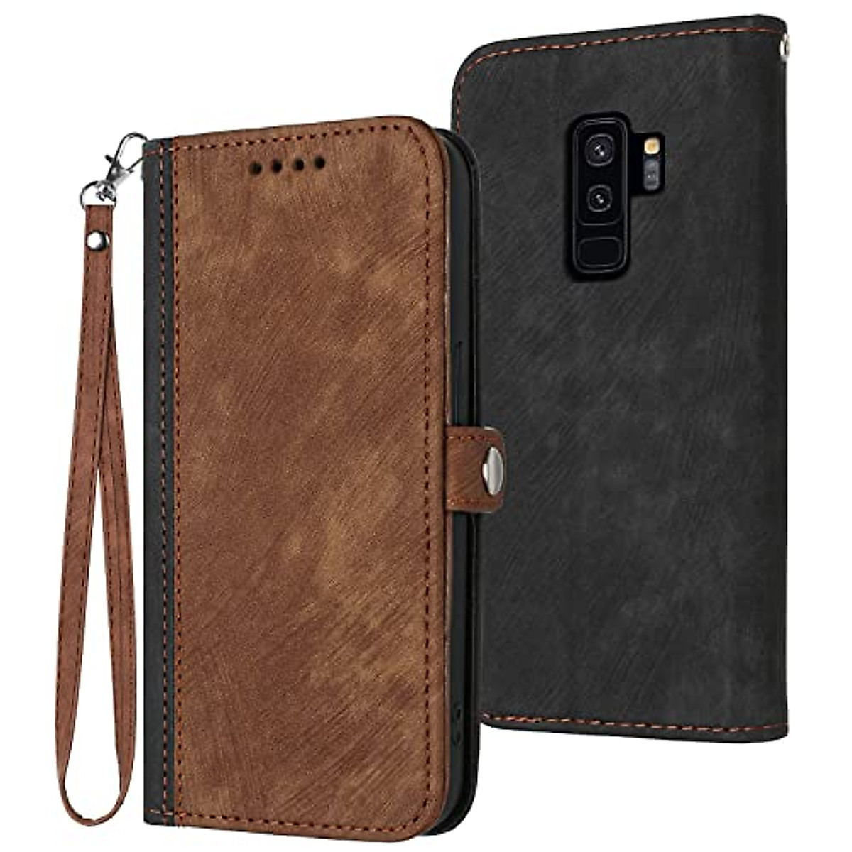 ONV Wallet Case Compatible with Samsung Galaxy S9 Plus - Solid Color Clasp Flip Case Wrist Strap Card Holder Magnet Leather + Inner Shell Flip Stand Cover for Samsung Galaxy S9 Plus [YX] -Brown
