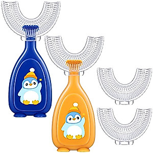 U Shaped Kids Toothbrushes 2 Pcs Whole Mouth Toothbrush Age 2-6 Soft Teeth Cleaning Baby Toothbrush 360 Degrees Toddler Toothbrush U Shaped Toothbrush with 2 Pcs Silicone Brush Heads (Cool Style)