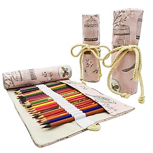 Lopenle Butterfly Colored Pencil Wrap Floral Roll Up Holders Birds Canvas Pencil Organizers for Artist Coloring Travel Storage With 72 Slots(Flower Butterflies Birds)