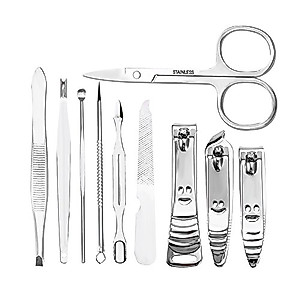Manicure Set Nail Clippers Pedicure Kit, 10pcs Stainless Steel Toenail Foot Clippers Fingernails Grooming Kits Includes Cuticle Remover with Portable Travel Case