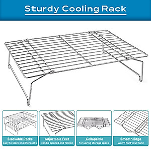 Leonyo Cooling Baking Rack 5-Tier Stackable Stainless Steel Wire Baking Cooking Racks Set for Cookie, Pizza, Cup Cake, Raised & Folding Feet, Oven Safe & Dishwasher Safe, Rust-Resistant - 15’’ x 10’’