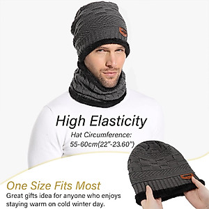 FZ FANTASTIC ZONE Mens Womens Winter Beanie Hat Scarf Set Warm Knit Thick Fleece Lined Skull Cap Neck Warmer for Men Women Dark Grey