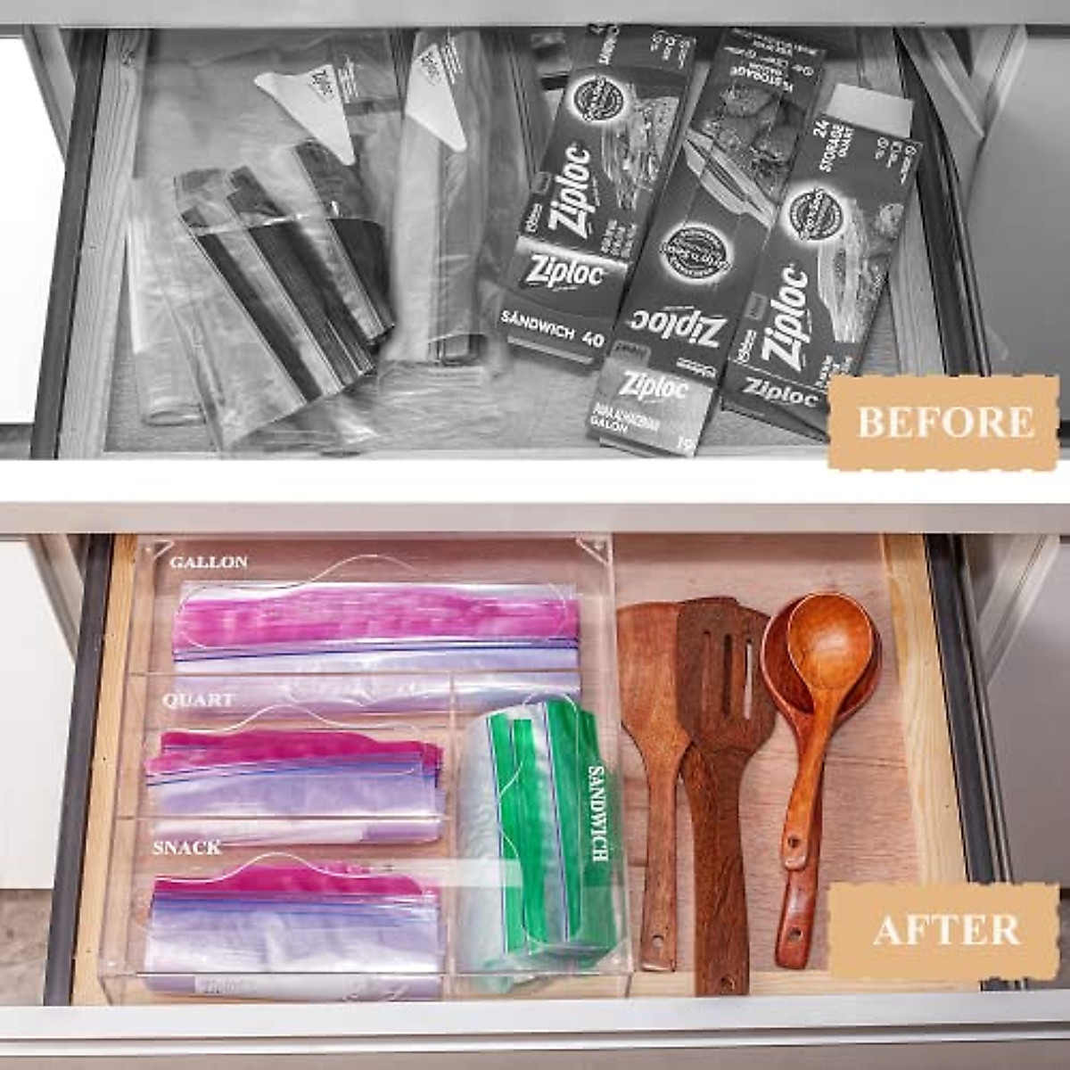 AAY HOMYYAYA Ziplock Bag Organizer for Kitchen Drawer Acrylic Baggie Organizer with Removable Top Lid for Cabinet to Storage Snack, Sandwich, Quart Slider, Gallon Ziploc Plastic Food Bags