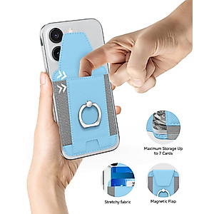 Amzone Magnetic Wallet with Card Holder, Compatible with Mag-Safe Wallet, Leather Card Holder, Wallet with Phone Ring for iPhone 15/14/13/12 Series, 7 Cards Holder (Light Blue)