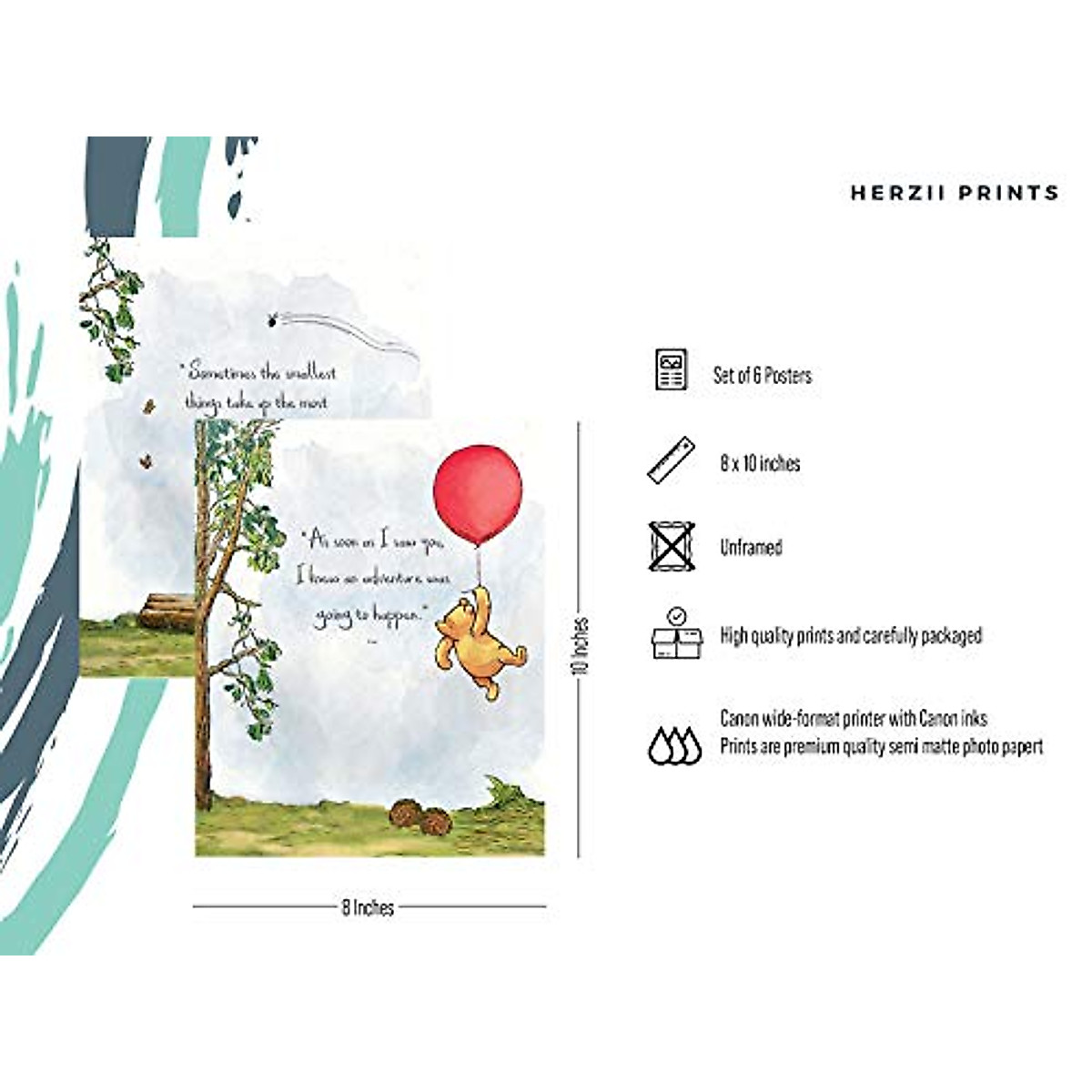 HerZii Prints Classic Winnie The Pooh Wall Art Decorations Set of 6 8x10 inch - Nursery Playroom Home Decor - Baby Shower Decorations