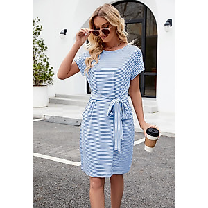 MEROKEETY Women's Summer Striped Short Sleeve T Shirt Dress Casual Tie Waist Midi Dress, Blue, XL