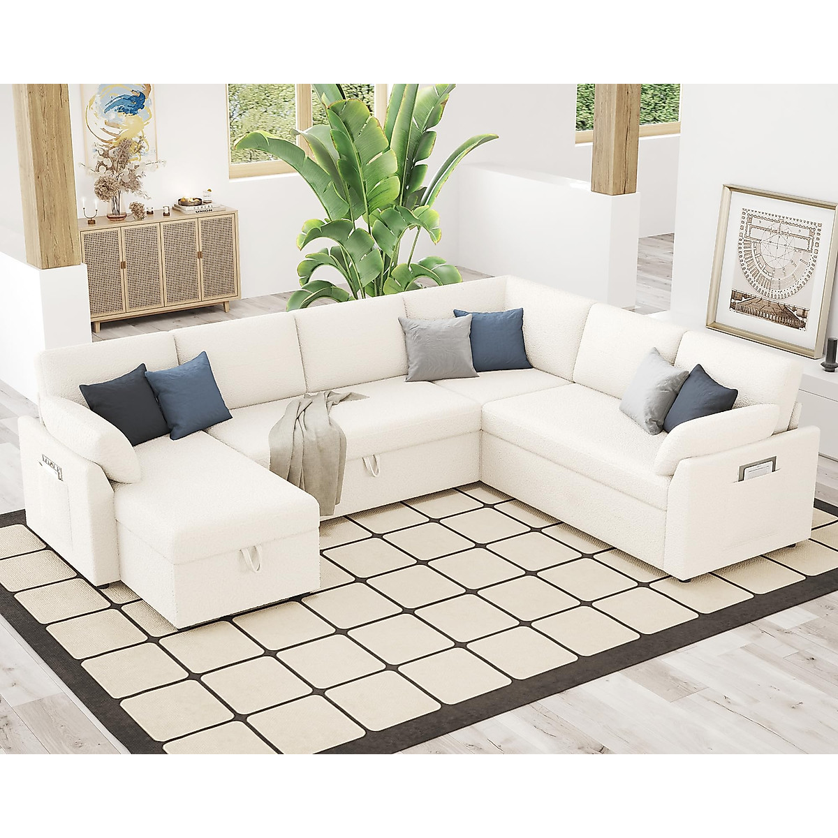 VanAcc Sleeper Sofa, 112 Inch Pull Out Sofa Bed with Storage Chaise & 3 Seater, Oversized U Shape Sectional Couch with Pull Out Bed, White Boucle Couch