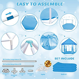 Blue Princess Tent Girls Large Playhouse Kids Castle Play Tent with Star Lights Toy for Children Indoor and Outdoor Games for Ages 3 4 5 6 Year Old