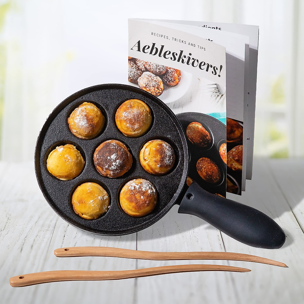 Upstreet Cast Iron Aebleskiver Pan/Ebelskiver Pan/Ideal for Mini Pancake Mold, Cake Pop Pan, and Takoyaki Maker for Danish Stuffed (Black)