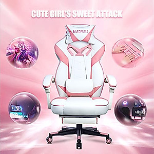 Pink Gaming Chair with Footrest 350LBS Load-Bearing Ergonomic Racing Computer Chair PU Leather with Adjustable Headrest and Lumbar Support for Girls Womens