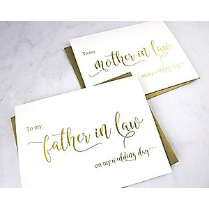 Set of 2 Gold Foil Wedding Day Cards with Gold Shimmer Envelopes, To My Mother in Law on my Wedding Day Card, To My Father in Law on my Wedding Day Card