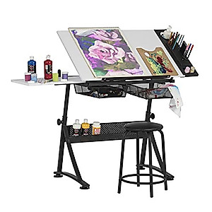 Fusion Drafting Table with Stool, Height Adjustable Desk with Tilt Top, Charcoal / White