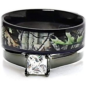 Women`s Black Titanium Camo and Stainless Steel Princess Engagement Wedding Rings Set (Size Women 7)