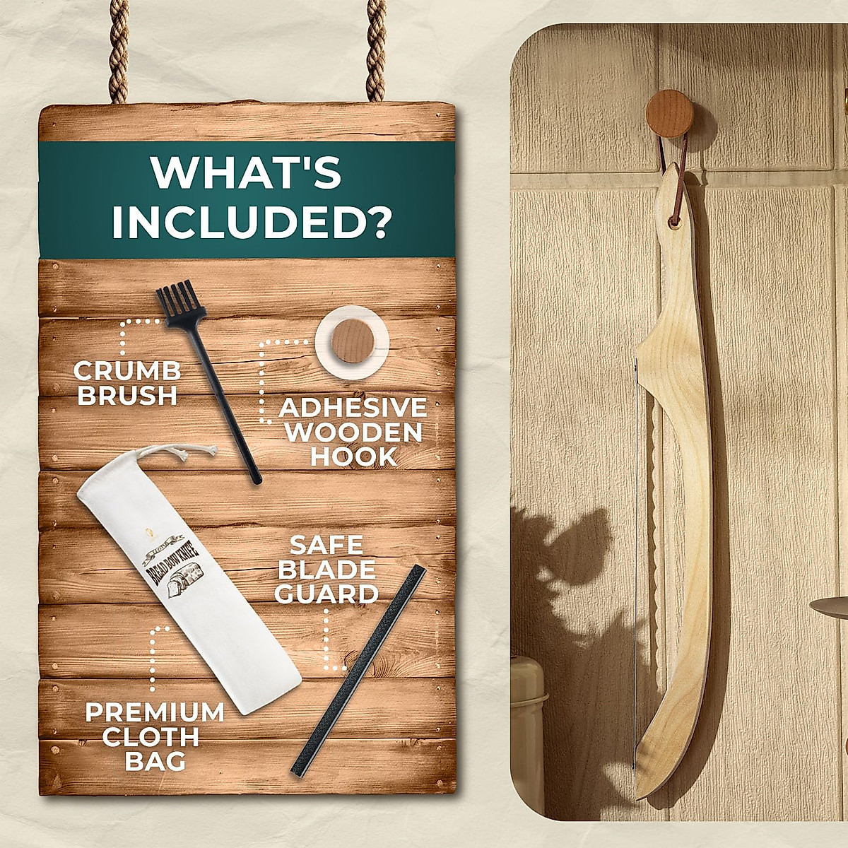 LLOTUS Bread Knife Package Slicer for Sourdough Bread, 16.5" Premium Wooden Bow Design, Premium Stainless Steel Serrated Saw, Cutter for cutting Loaf, Sandwich, Bagels, Homemade Bread & more - Birch