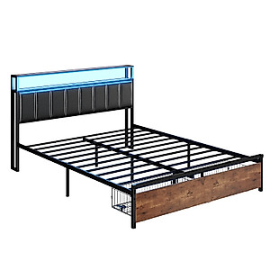 amerlife LED Bed Frame with Drawers, Queen Platform Bed Frame with 2-Tier Storage & Leather Upholstered & Charging Station Headboard, No Box Spring Needed, Easy Assembly, Noise Free, Rustic Brown