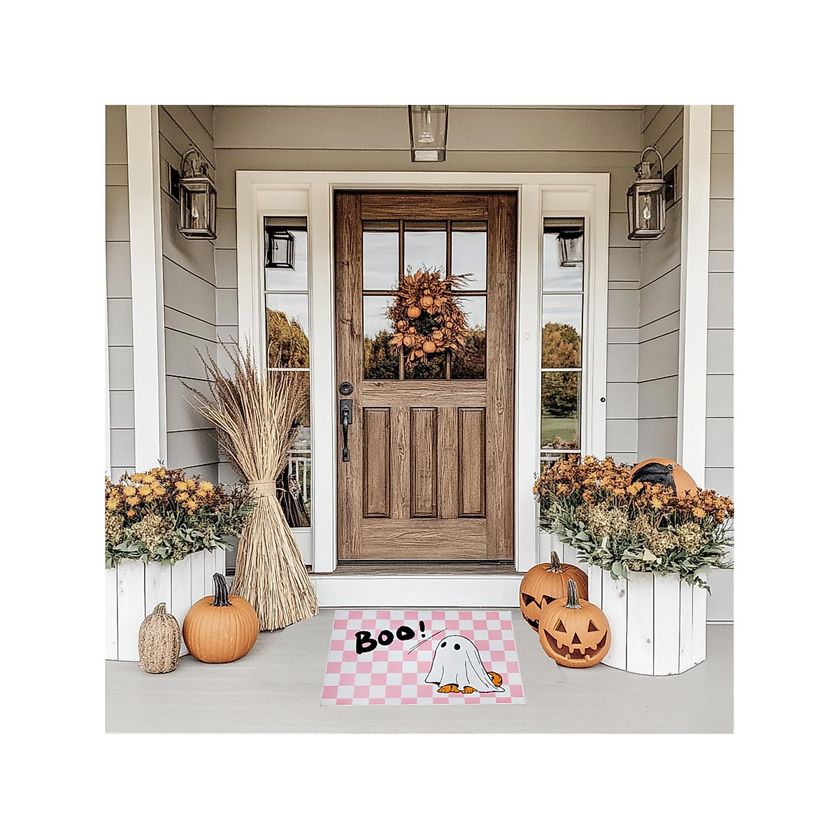 Twelve Studio Halloween Boo Doormat, Cute Spooky Ghost Dog Indoor Outdoor Welcome Mat, Washable Anti-Slip Rug for Entrance Kitchen Bathroom Halloween Decoration, 2’x3' Pink White Checkerboard