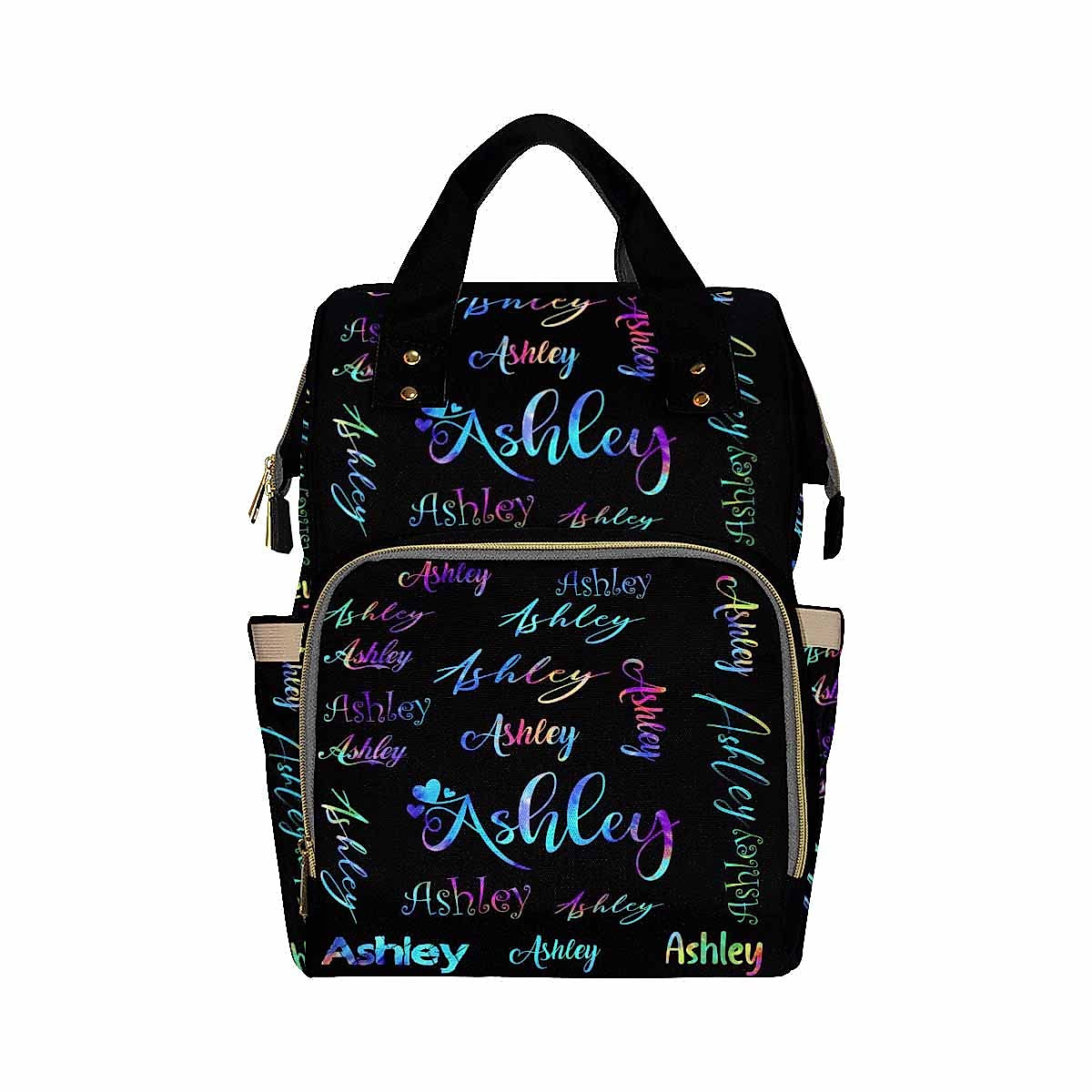 Custom Diaper Bag, Dazzle Color Name Text Logo Black Personalized Diaper Backpack with Text Mummy Nursing Baby Bags Shoulders Bag Casual Daypack Travel Bag for Mom Mother's Day