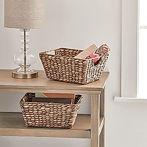 mDesign Natural Woven Hyacinth Closet Storage Organizer Basket Bin for Kitchen Cabinets, Pantry, Bathroom, Laundry Room, Closets, Garage - 4 Pack - Dark Brown