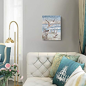 Beach Wall Art Bathroom Decor Ocean Theme Canvas Print Coastal Painting Perching Bird by The Sea Shore Abstract Seascape Picture Framed Artwork for Bedroom Living Room Office Ready to Hang 12x16inch